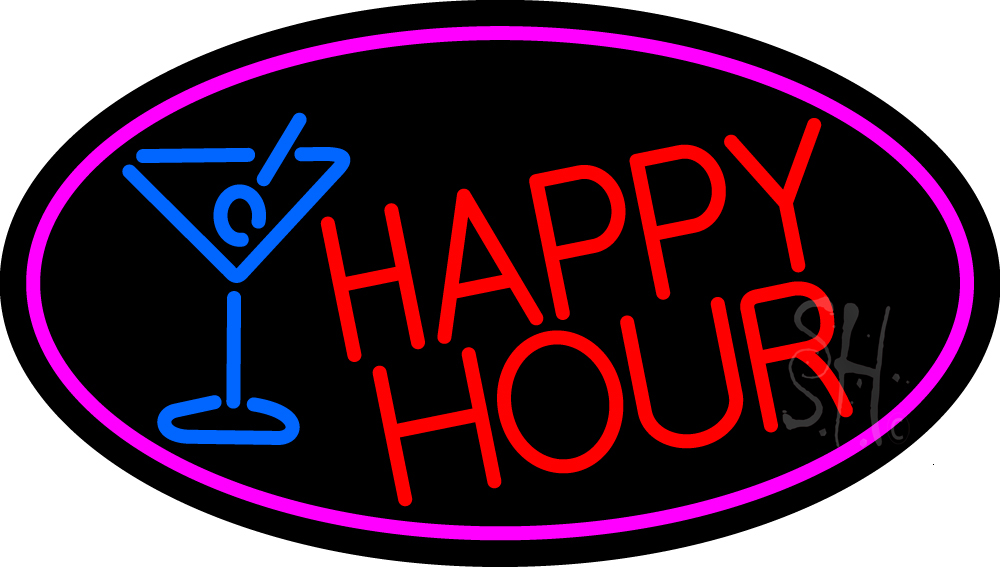 Red Happy Hour And Wine Glass Oval With Pink Border LED Neon Sign ...