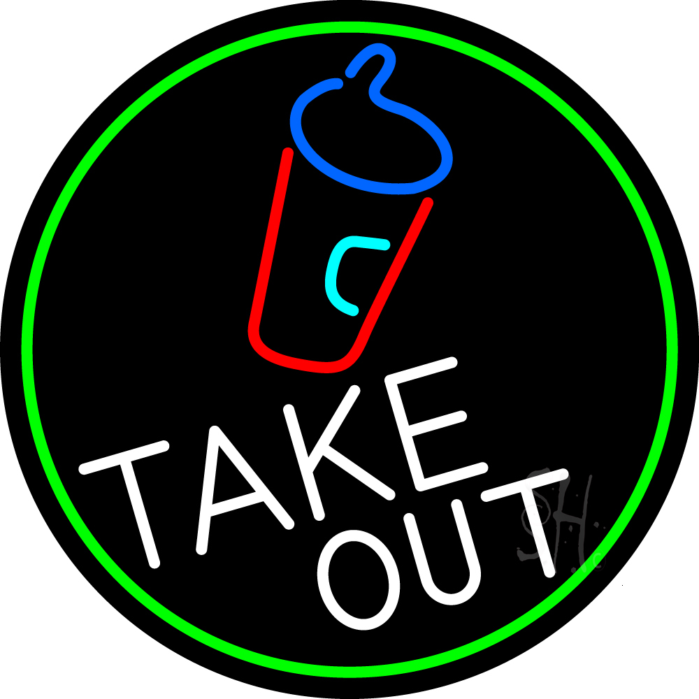 Take Out And Wine Glass Oval With Green Border LED Neon Sign - Take Out ...