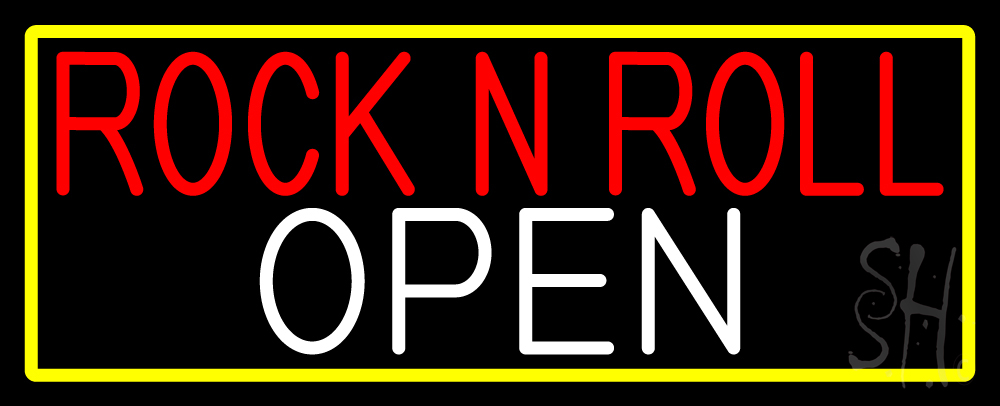 Rock N Roll Open With Yellow Border LED Neon Sign - Beer Open Neon ...