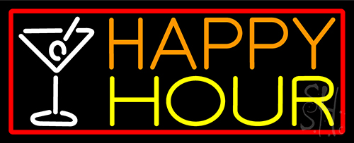 Red Happy Hour And Wine Glass With Red Border LED Neon Sign - Happy ...