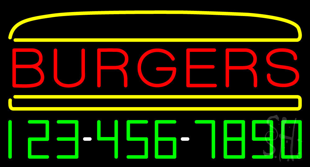 Burgers Inside Burger with Phone Number LED Neon Sign - Burgers Neon Signs - Everything Neon