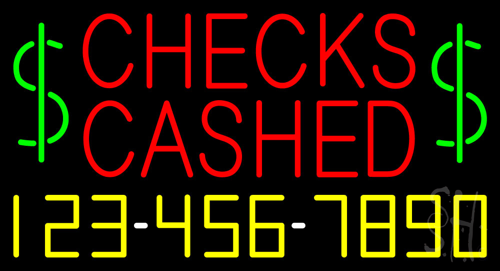Red Checks Cashed Dollar Logo with Phone Number LED Neon Sign - Checks ...