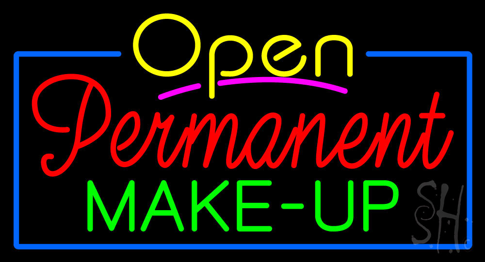 Yellow Open Permanent Make Up Blue Border LED Neon Sign - Permanent ...